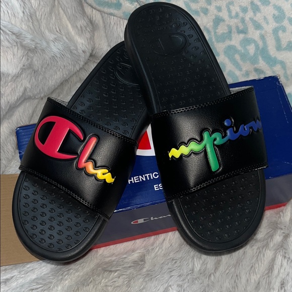 Champion | Shoes | Reduced Champion Black Slides With Colorful Logo ...